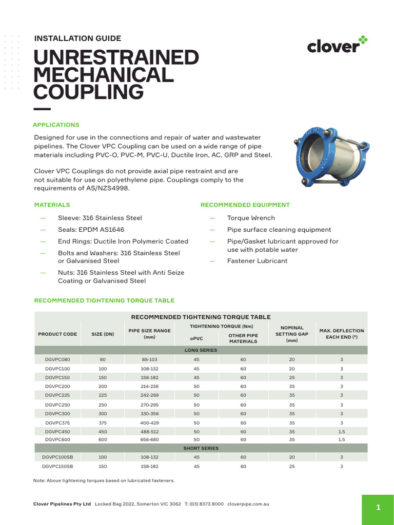 Clover VPC Coupling Installation Guide | PDF | Pipe (Fluid Conveyance) | Mechanical Engineering