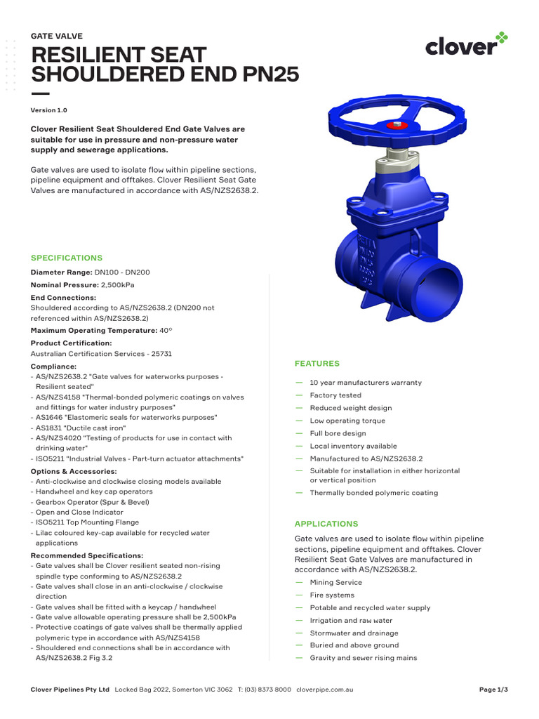 Data Sheet Gate Valve Resilient Seat Shouldered End PN25 v1 | PDF ...
