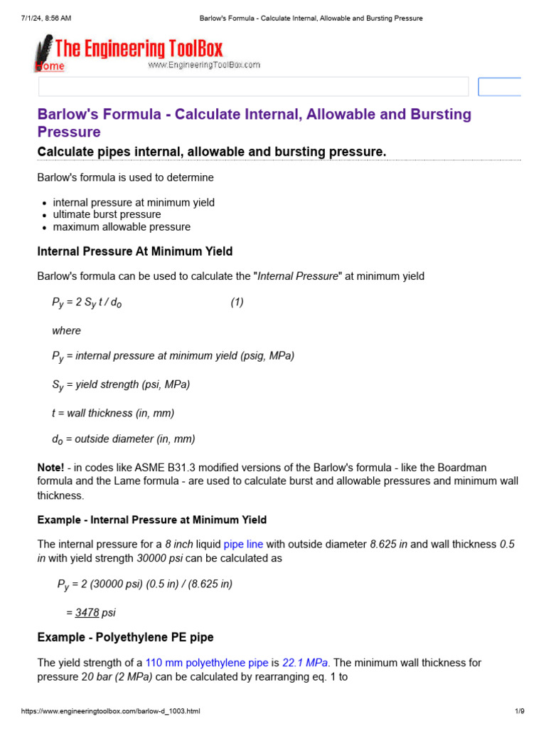 Barlow's Formula for Pipe Pressure Calculations | PDF | Strength Of ...