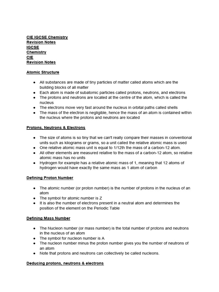 Atomic Structure IGCSE Revision Notes | PDF | Atoms | Proton