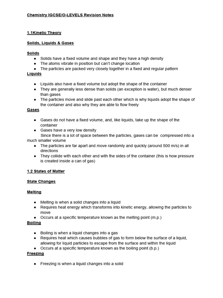 Chemistry IGCSE O LEVELS Revision Notes | PDF | Gases | Liquids