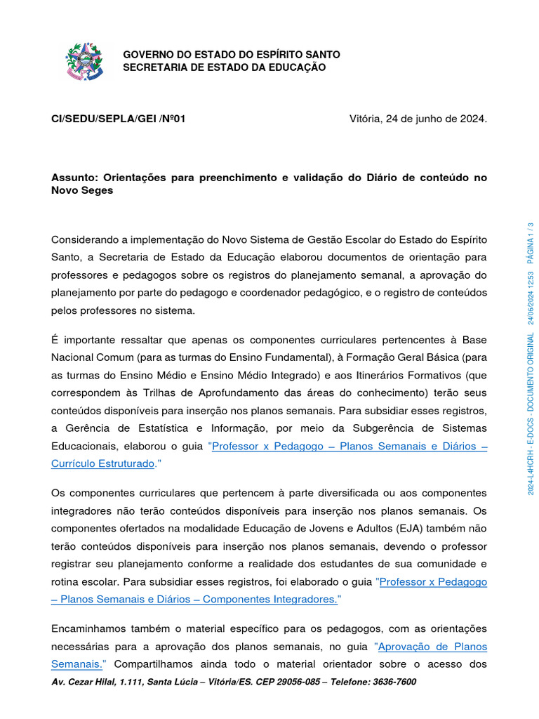 CI SEDU SEPLA GEI Nº 01- Orientações Para Preenchimento Do Novo Seges ...