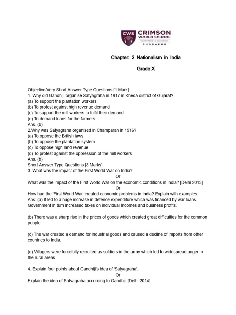 Worksheet on Chapter Nationalism in India Grade X | Download Free PDF ...