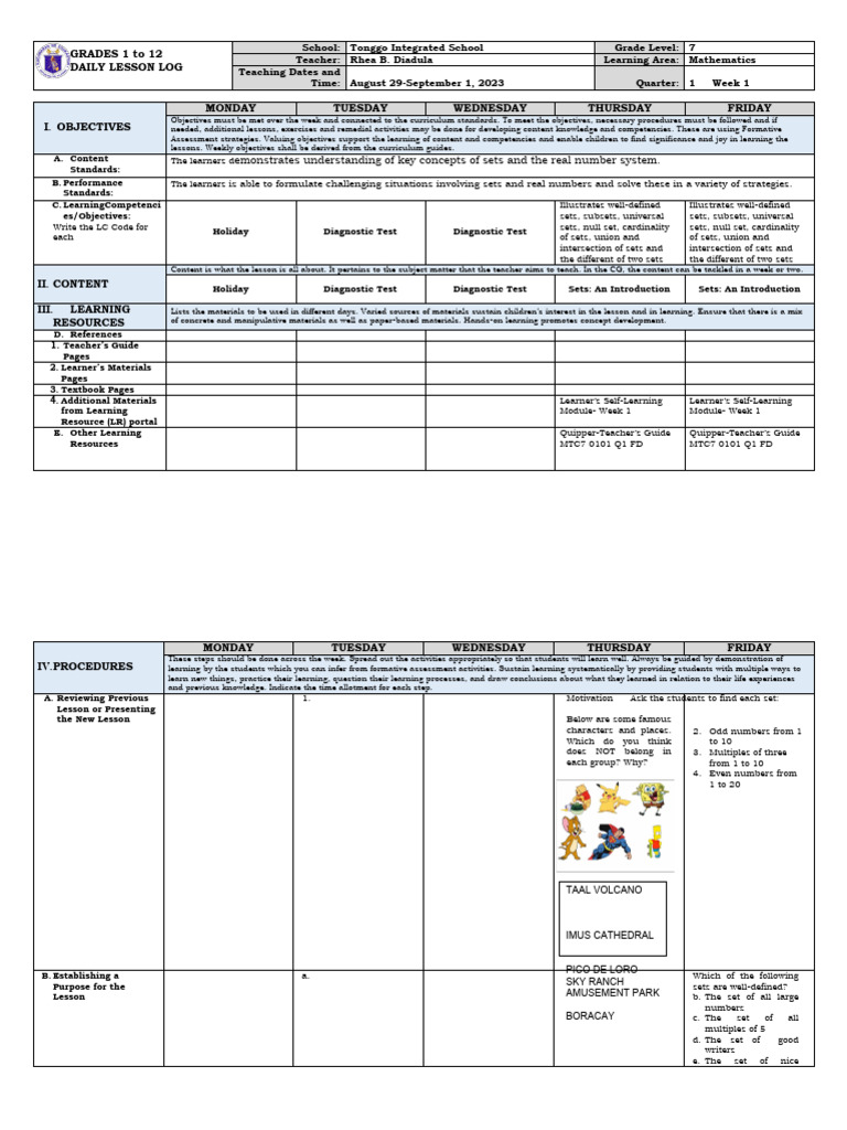DLL-Math 7 Quarter 1_Week 1 SY 2022-2023 | PDF | Set (Mathematics) | Empty Set
