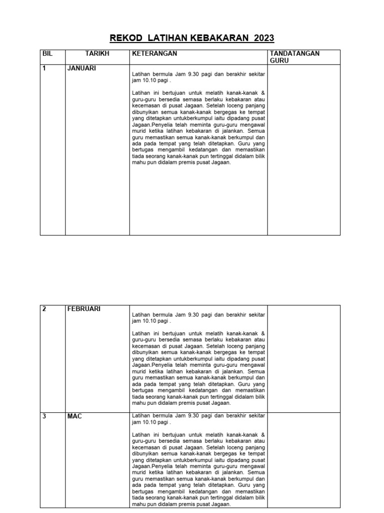 Rekod Latihan Kebakaran 2024 | PDF