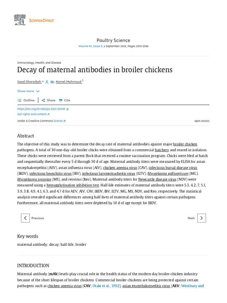 Decay of Maternal Antibodies in Broiler Chickens - ScienceDirect | PDF ...