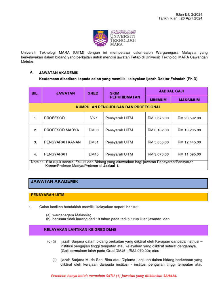 Iklan Perjawatan Pensyarah UiTMCM 26042024 | PDF