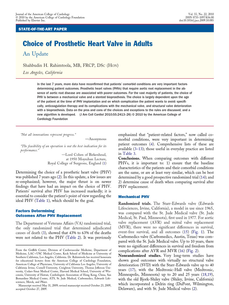 Choice of Prosthetic Heart Valve in Adults - An Update2010 | PDF ...