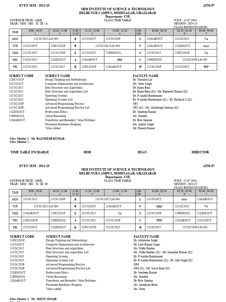 B.Tech AIML Class Timetable 2024-25 | PDF | Algorithms And Data ...