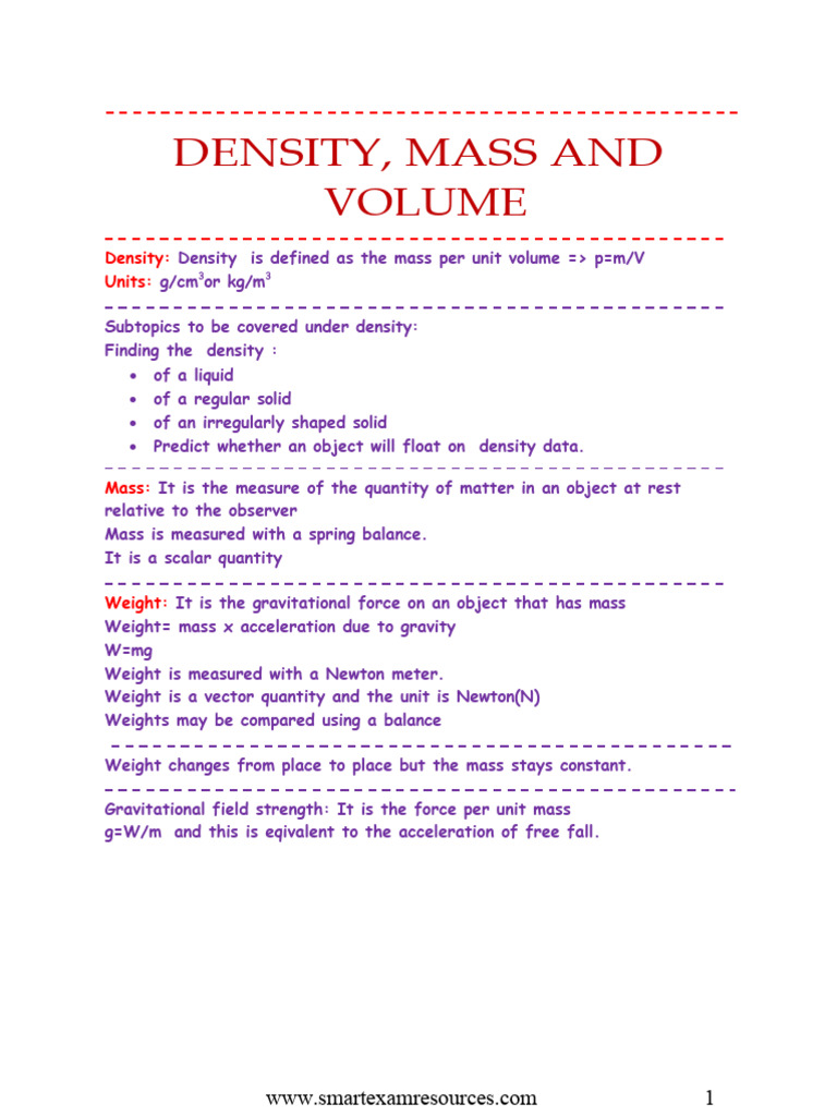 1.3 1.4 IGCSE Physics Notes Motion Forces Energy Density Mass Volume ...