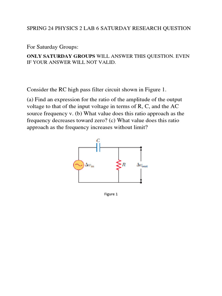 Spring 24 Physics 2 Lab 6 Saturday Research Question | PDF