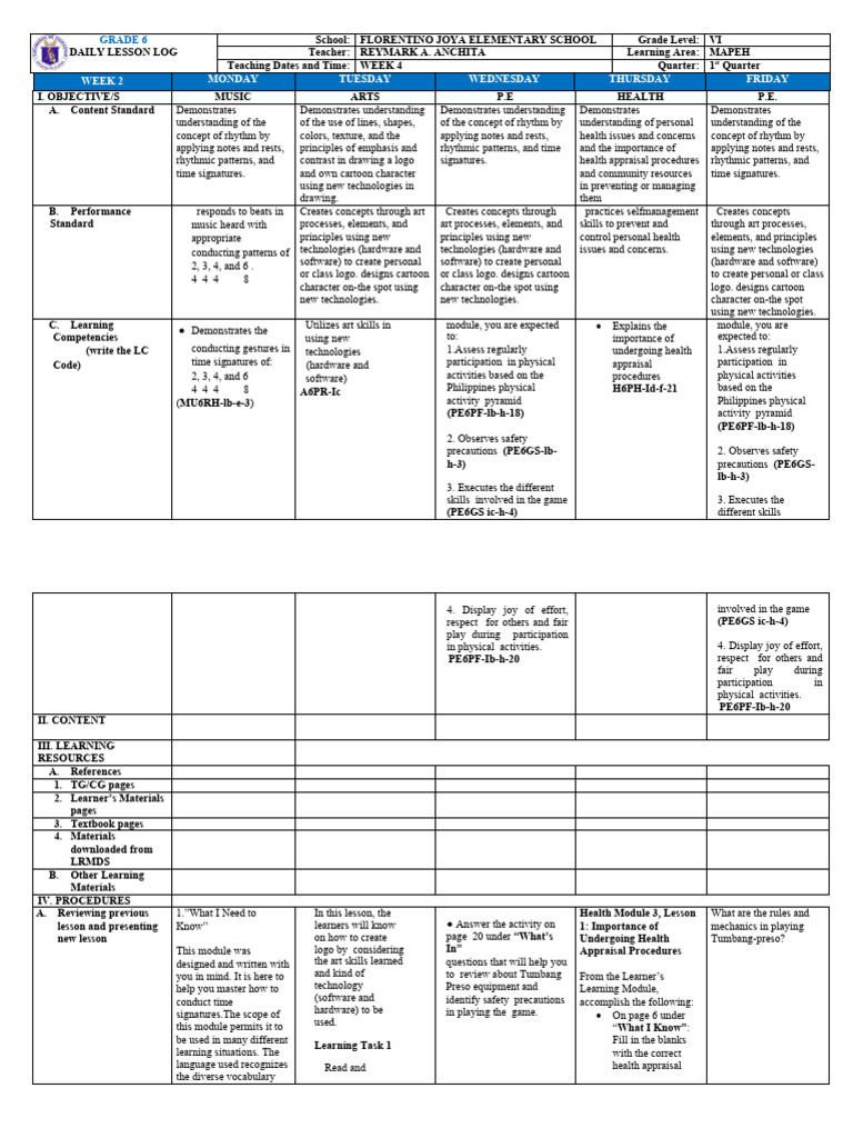 DLL - Mapeh 6 - Q1 - W4 | PDF | Rhythm | Learning