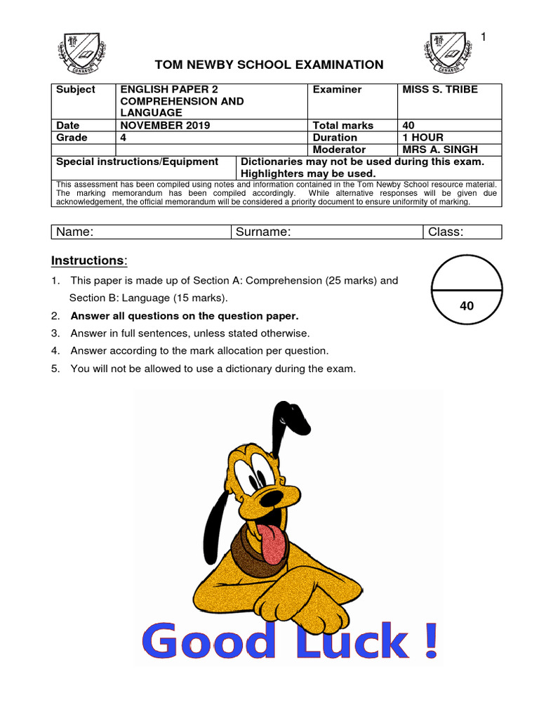 Grade 4 English Paper 2 Exam November 2019 Print | PDF | Recycling | Paper