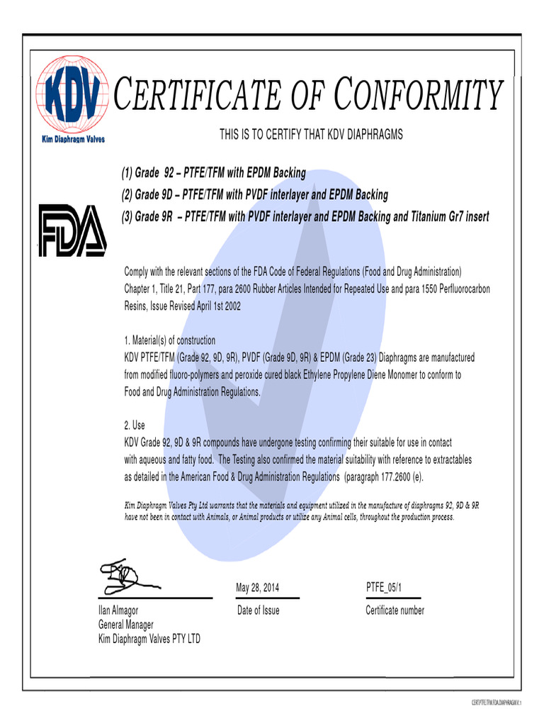 Cert - Ptfe .TFM .Fda .Diaphragm.v..1 | PDF | Business | Science ...
