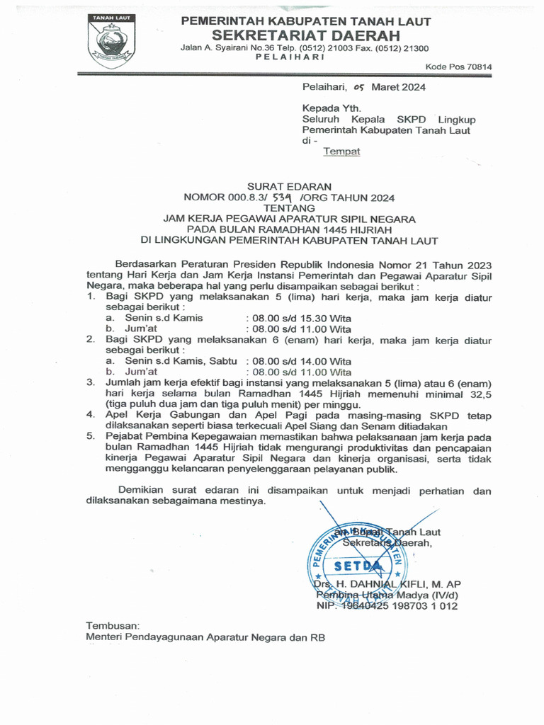 Surat Edaran Jam Kerja ASN Ramadhan 1445 H | PDF