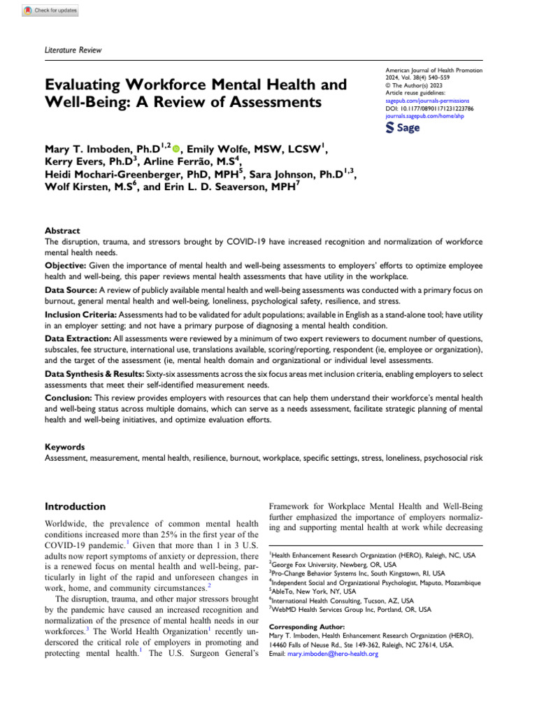 Evaluating Workforce Mental Health and Well Being a Review of ...