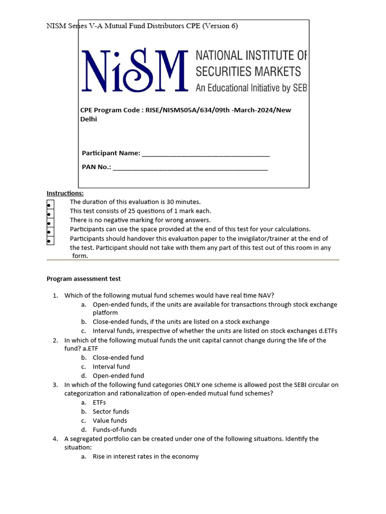 NISM Series V-A - CPE - Evaluation | PDF | Investment Fund | Mutual Funds