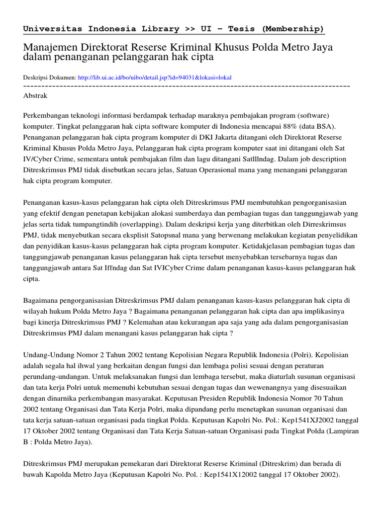 Manajemen Direktorat Reserse Kriminal Khusus Polda Metro Jaya Dalam ...