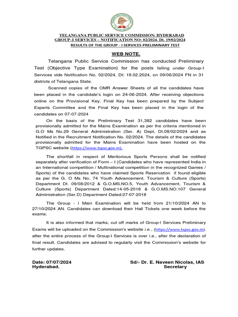 Pressnote Web Note-Of Group-I Result Decalaration 06.07.2024 ...