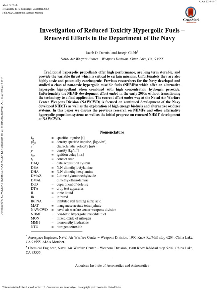 Investigation of Reduced Toxicity Hypergolic Fuels - Renewed Efforts in ...