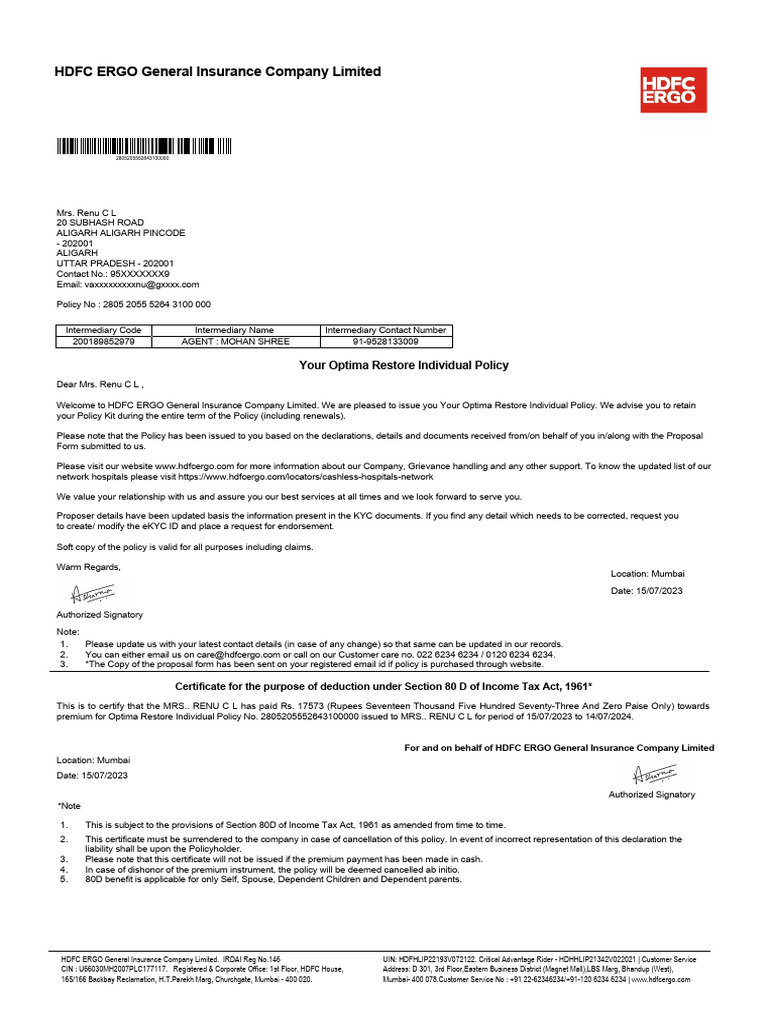 HDFC ERGO Optima Restore Policy Details | PDF | Insurance | Infertility