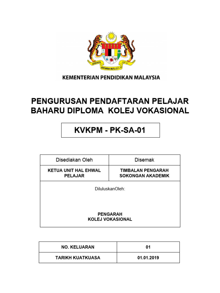 KVKPM-PK-SA-01 Pendaftaran Pelajar Baharu Diploma | PDF