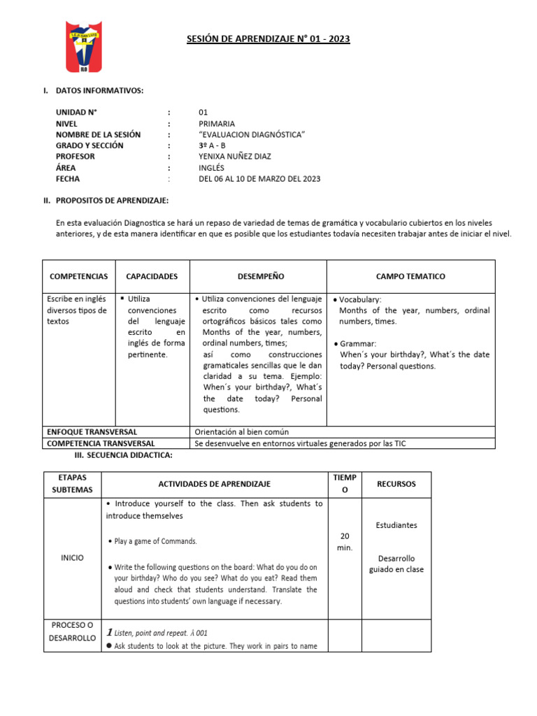 Sesion de Aprendizaje 01 3ro Prim Inglés 2023 | PDF | Comunicación humana | Cognición