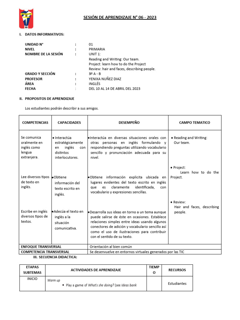 Sesion de Aprendizaje 06 3ro Prim Inglés 2023 | PDF | Human Communication | Grammar