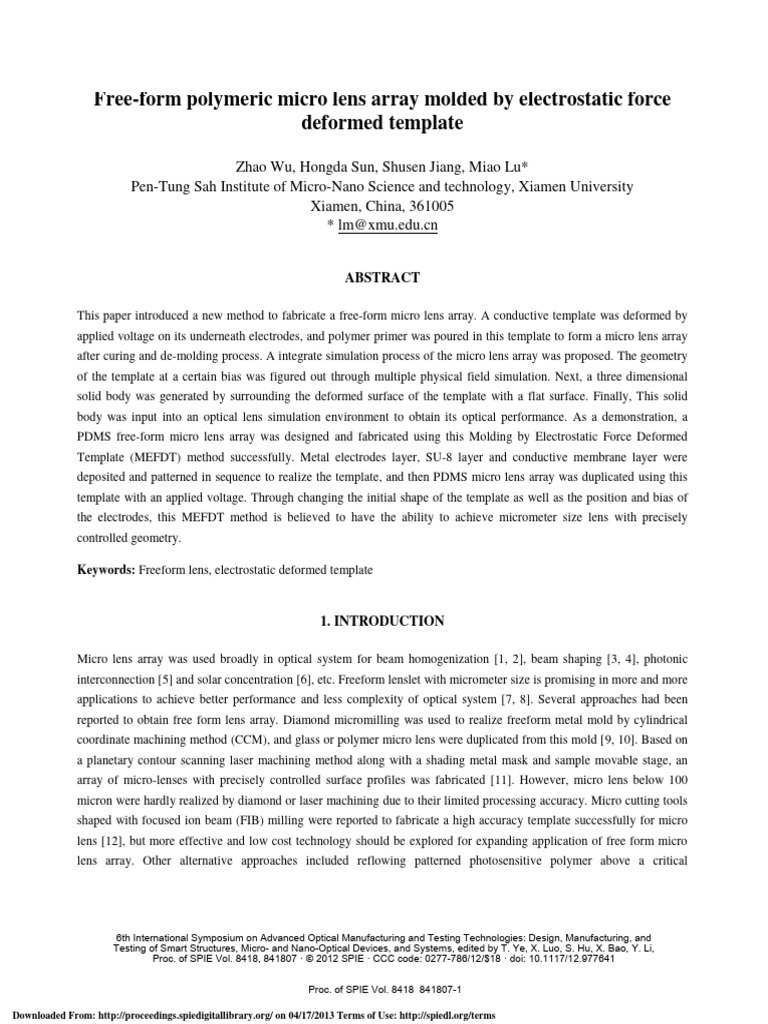 Free-Form Polymeric Micro Lens Array Molded by Electrostatic Force Deformed Template | PDF ...