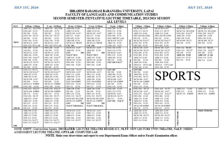 Lecture Time Table Second Semester-2 | PDF