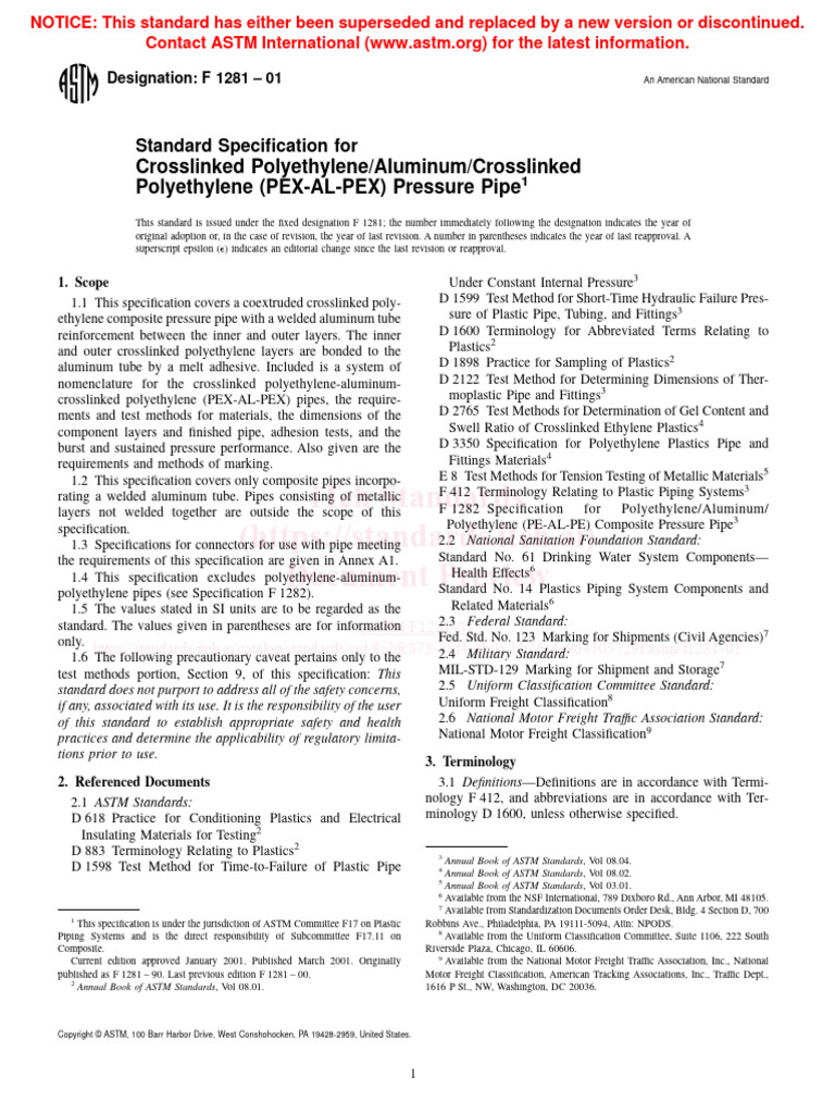 Astm F1281 01 | PDF | Pipe (Fluid Conveyance) | Polyethylene