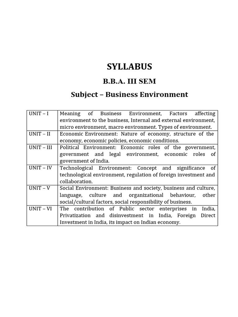 BBA Business Environment Syllabus | PDF | Economics | Foreign Direct Investment