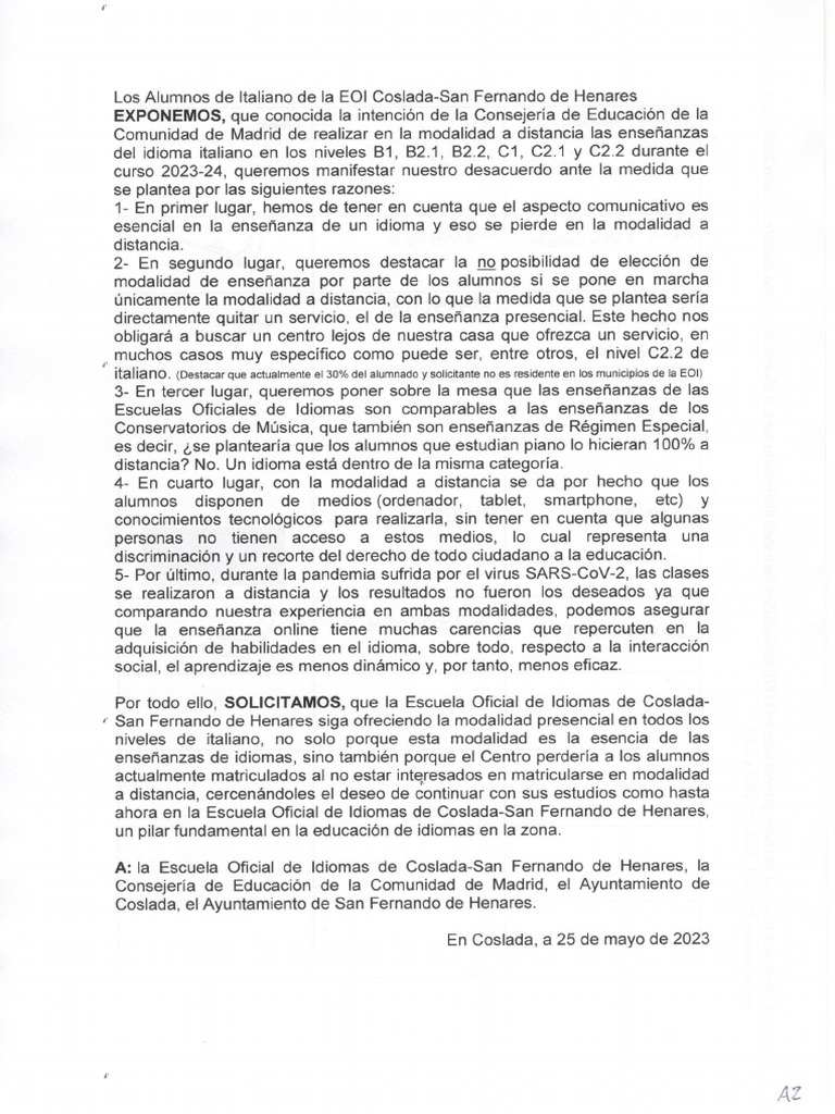 Firmas Solicitud Clases Presenciales Italiano EOI Coslada San F | PDF