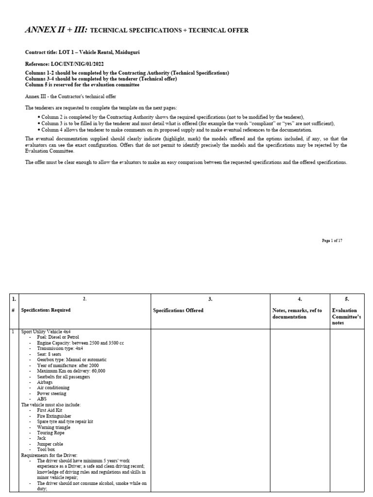 B III A Technical Specifications Technical Offers Lot 1 | PDF | Driving ...