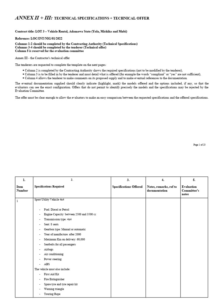 B III C Technical Specifications Technical Offers Lot 3 | PDF | Driving ...
