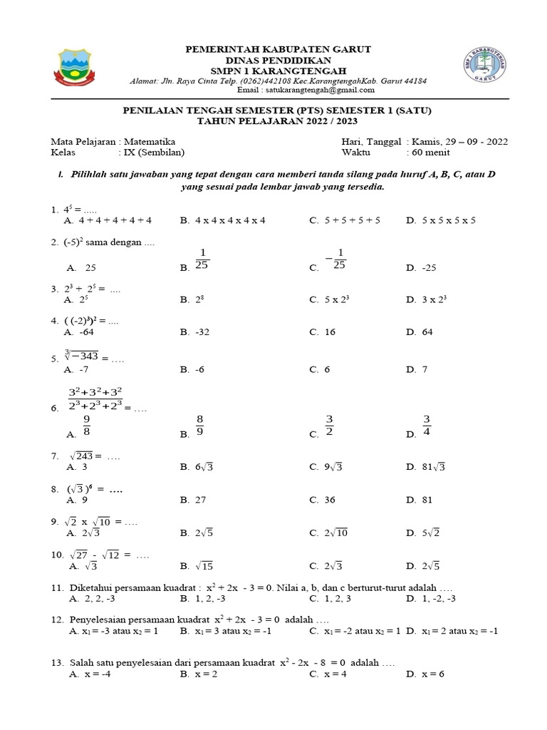 Pts Mat 9 2223 | PDF | Metode & Bahan Ajar