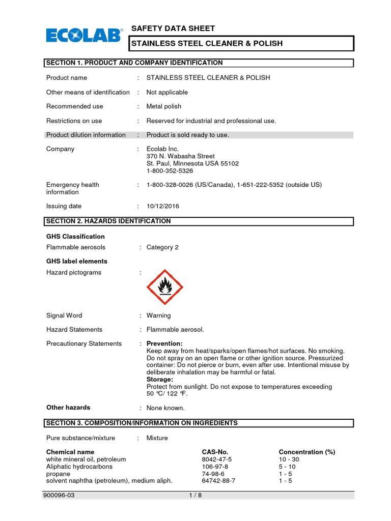 SDS-ECOLAB-561 - Stainless Steel Cleaner & Polisher | PDF | Toxicity | Waste Management