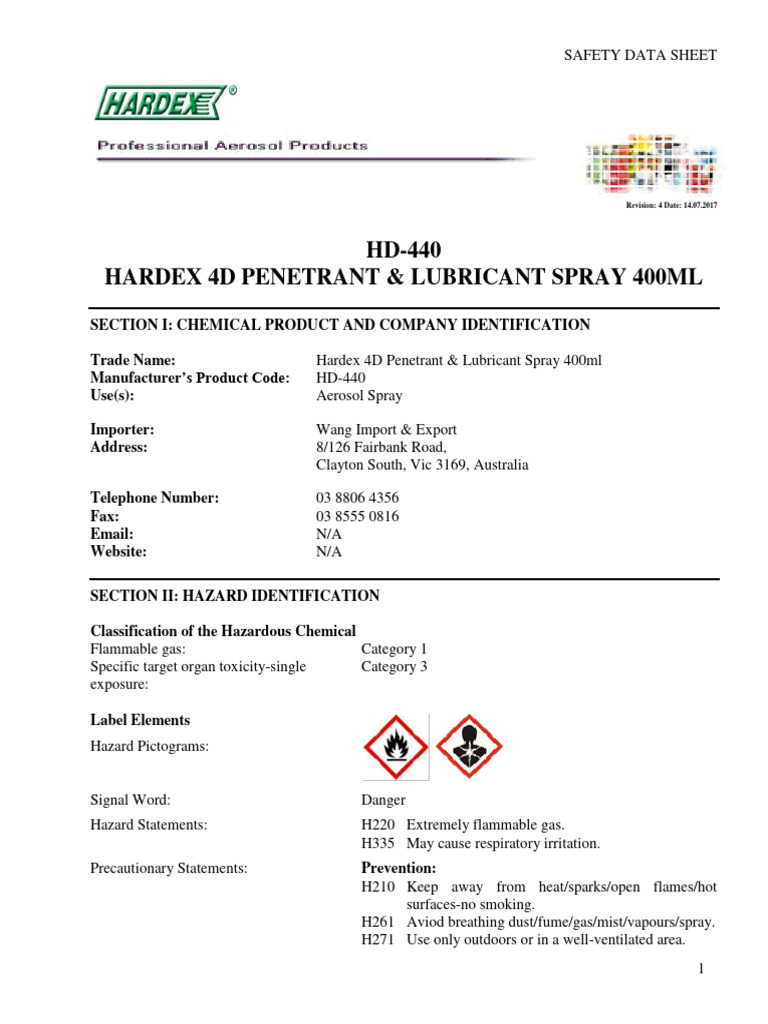 SDS-HD-440 - Hardex Penetrant & Lubricant Spray | PDF | Hazards ...