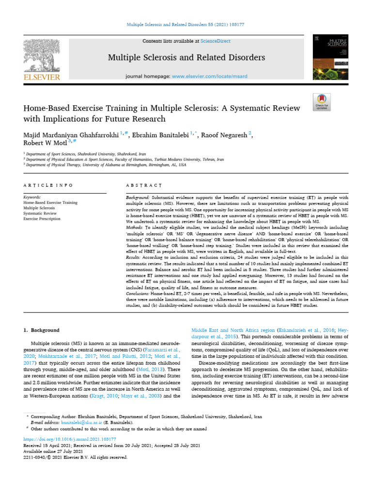 Home-Based Exercise Training in Multiple Sclerosis - A Systematic Review | PDF | Multiple ...