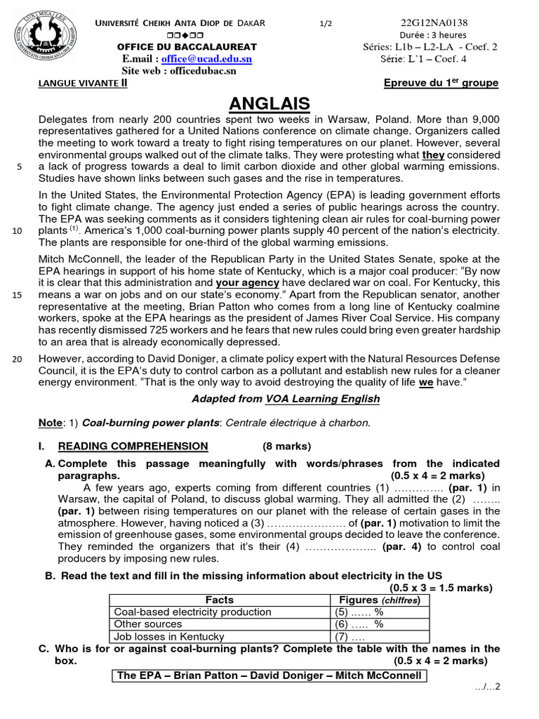 Epreuve Bac 2022 Anglais Lv2 L1b-L2-La 1er Groupe Senegal | PDF | Climate Change | Greenhouse Gas