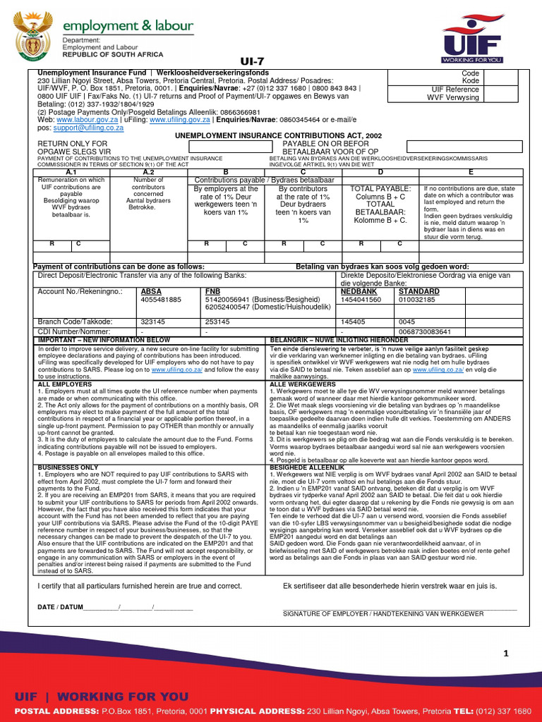 UIF Contributions Return Form UI-7 | PDF | Personal Finance | Banking