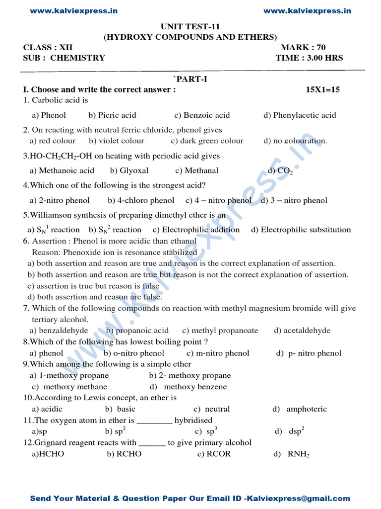 12th Chemistry Unit Test: Hydroxy Compounds | PDF | Ether | Ethylene