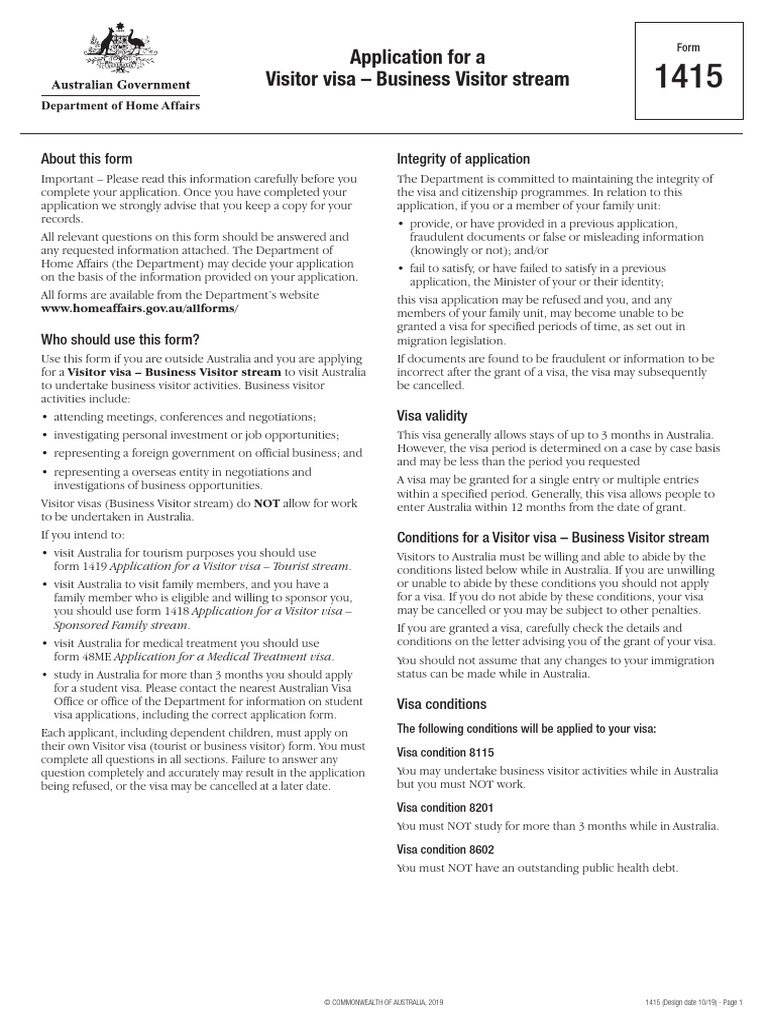 Business Stream - Australian Visa Application Form | PDF | Travel Visa