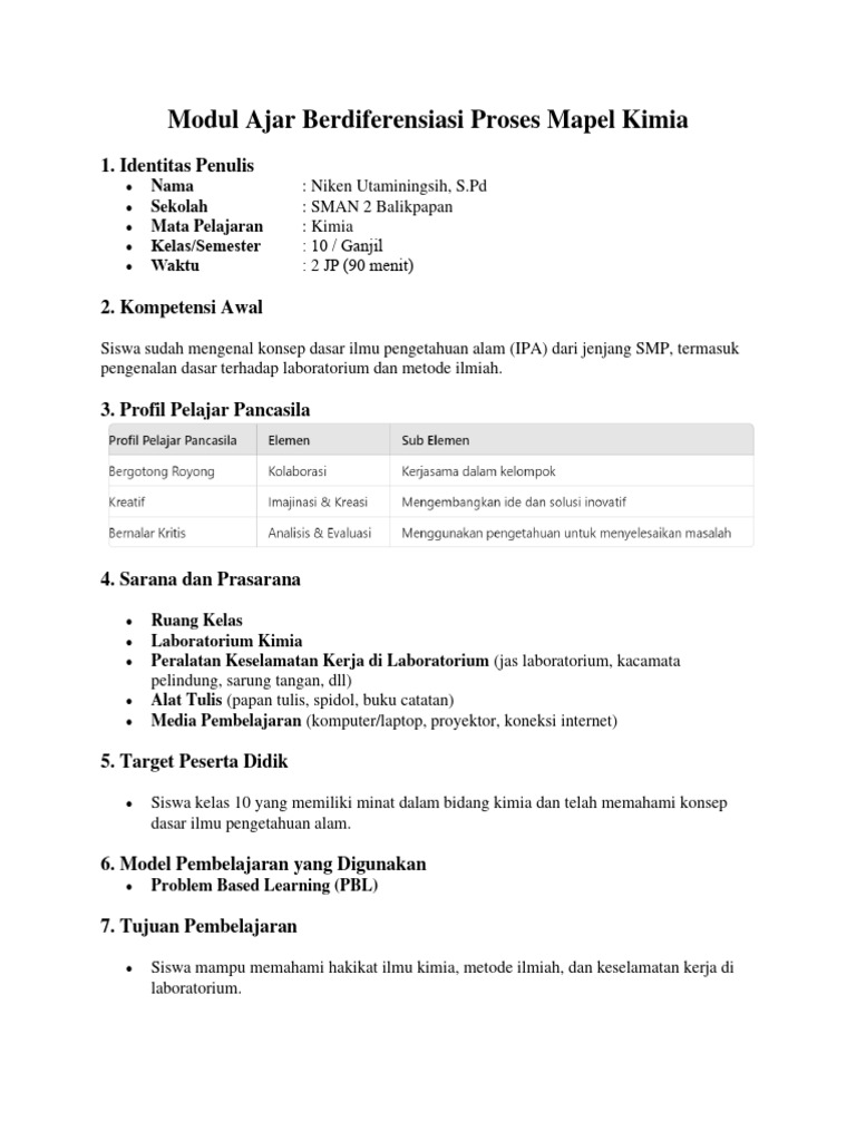Modul Ajar Kimia Kelas 10 PBL | PDF