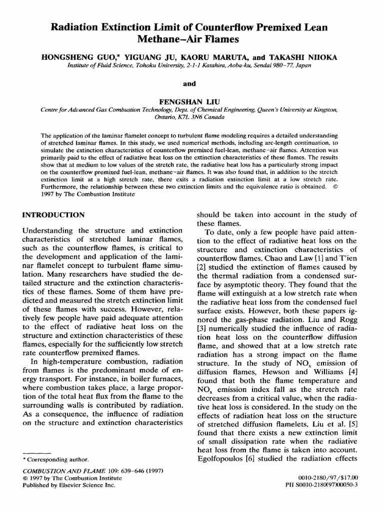 Radiation Extinction Limit of Counterflow Premixed Lean Methane Air Flames | PDF | Heat Transfer ...