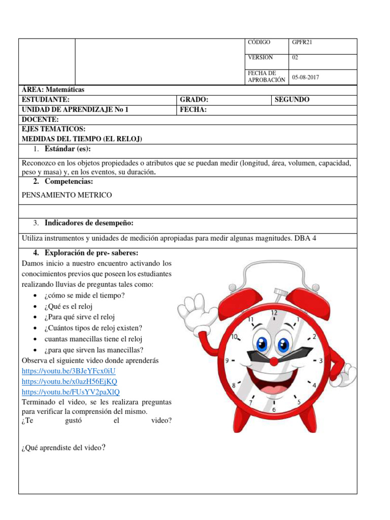 Medidas de Tiempo para Primer Grado | PDF | Reloj
