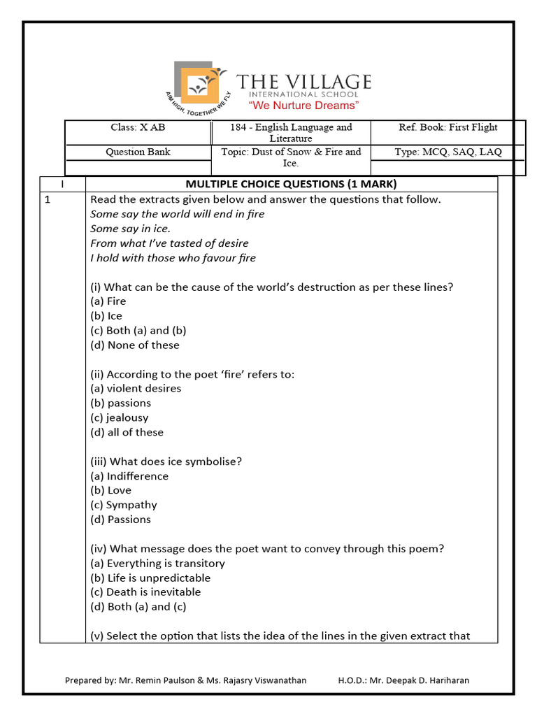 Grade 10 Poetry 1 QB-1 Fire and Ice - Dust of Snow | PDF | Mood ...