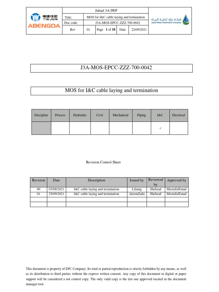 J3A-MOS-EPCC-ZZZ-700-0042 - MOS For I&C Cable Laying and Termination | PDF | Risk