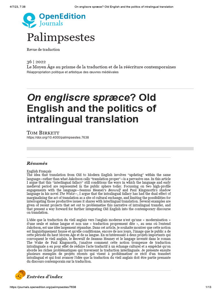 2023 - BIRKETT Tom - On Engliscre Spræce - Old English and The Politics ...