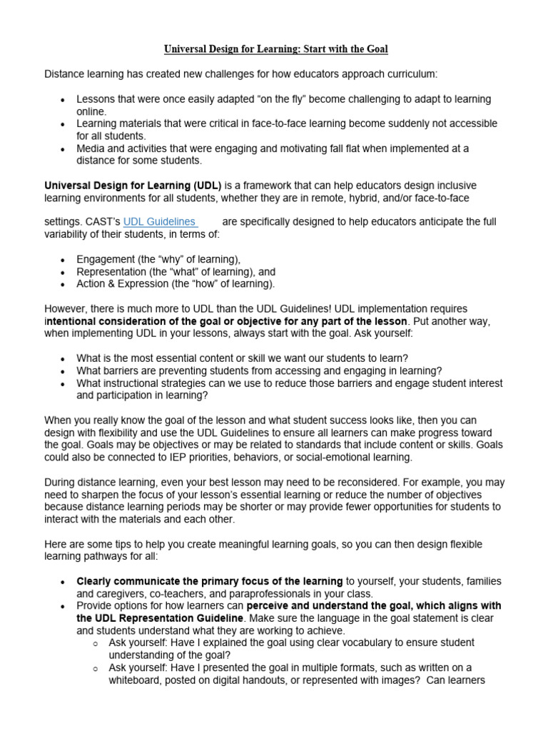 Implementing UDL: Focus on Learning Goals | PDF | Learning | Cognition